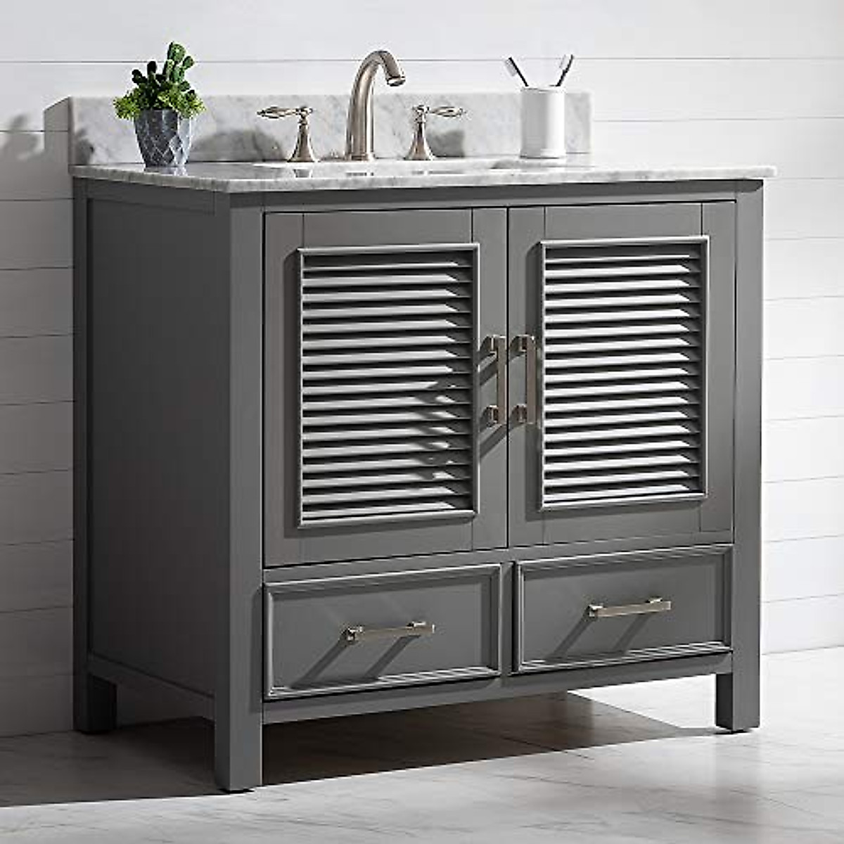 Luca Kitchen & Bath LC36WGW Carolina 36” Single Bathroom Vanity Set in French Gray with Carrara Marble Countertop and Porcelain Sink