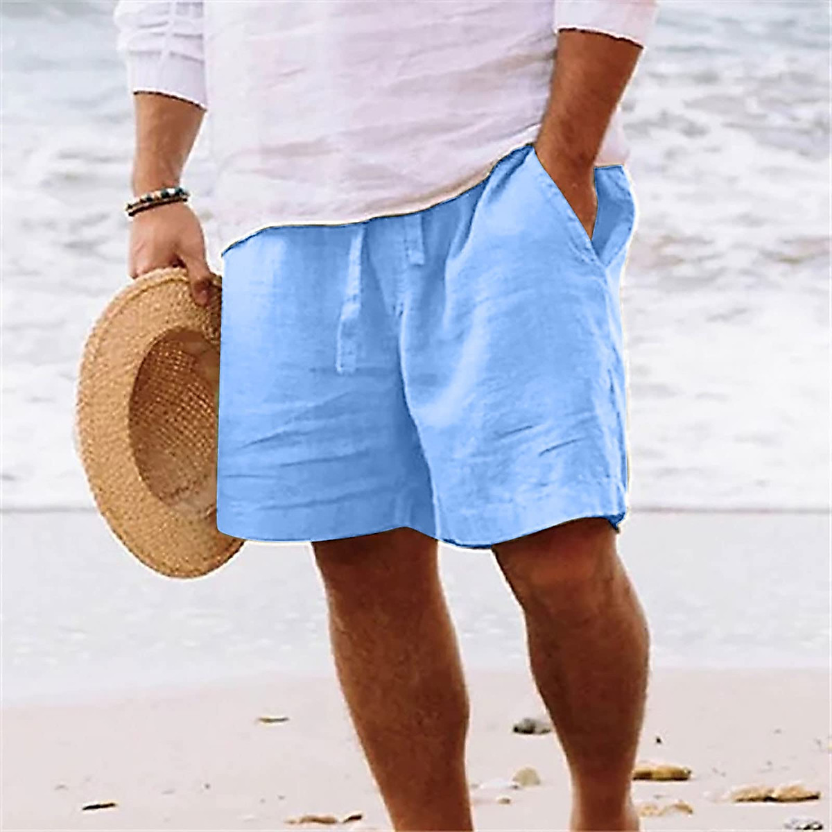 Board Shorts Boys Men Linen Shorts Elastic Waist Drawstring Cotton Linen Shorts with Pockets Loose Fit Outdoor Summer Beach Shorts Men Shorts 7 Inch Inseam Pack Light Blue 4X