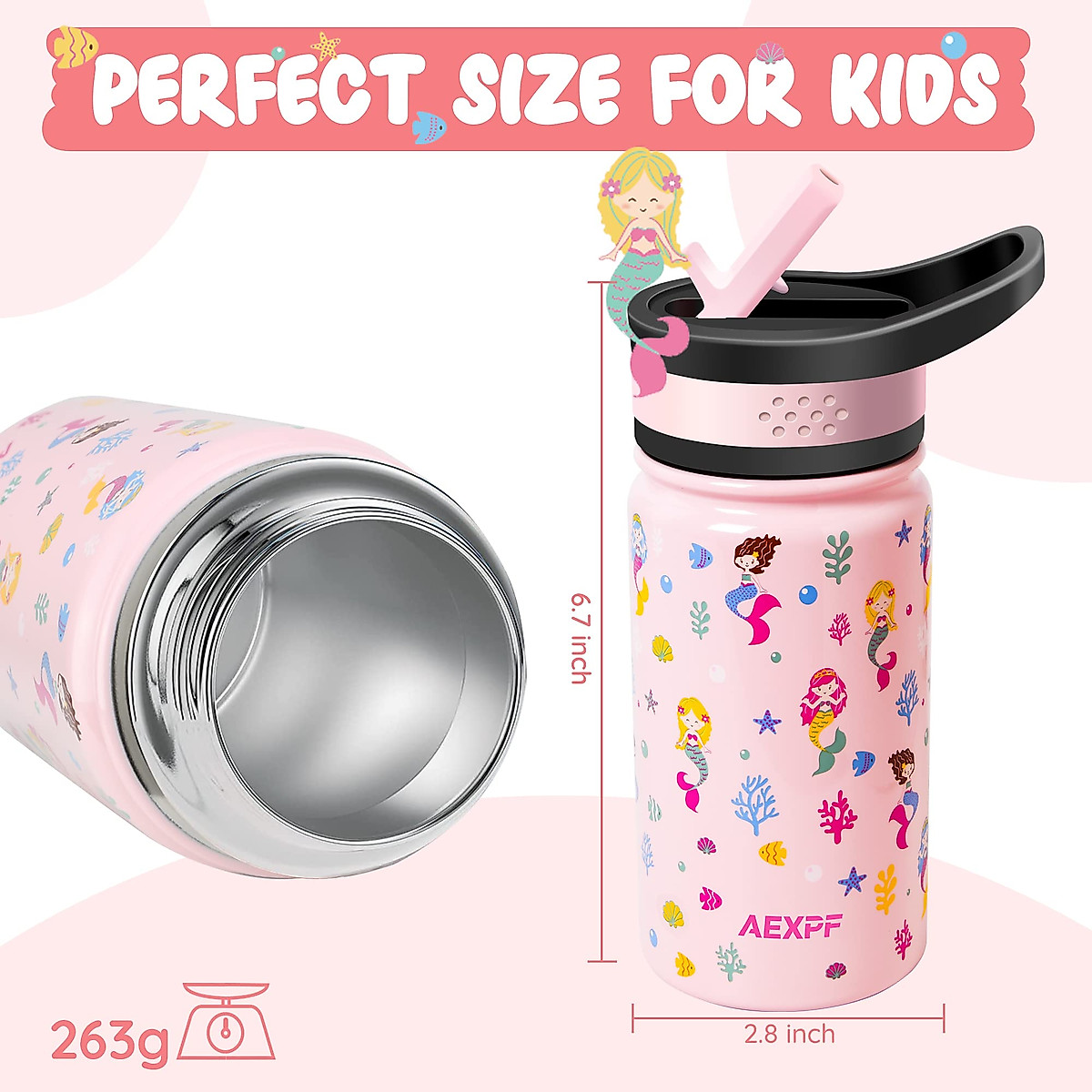 AEXPF Insulated Kids Water Bottle with Sleeve, 14 oz Double Wall Vacuum Stainless Steel Leakproof Thermos Water Bottle, Unicorn Pattern and Mermaid Pattern
