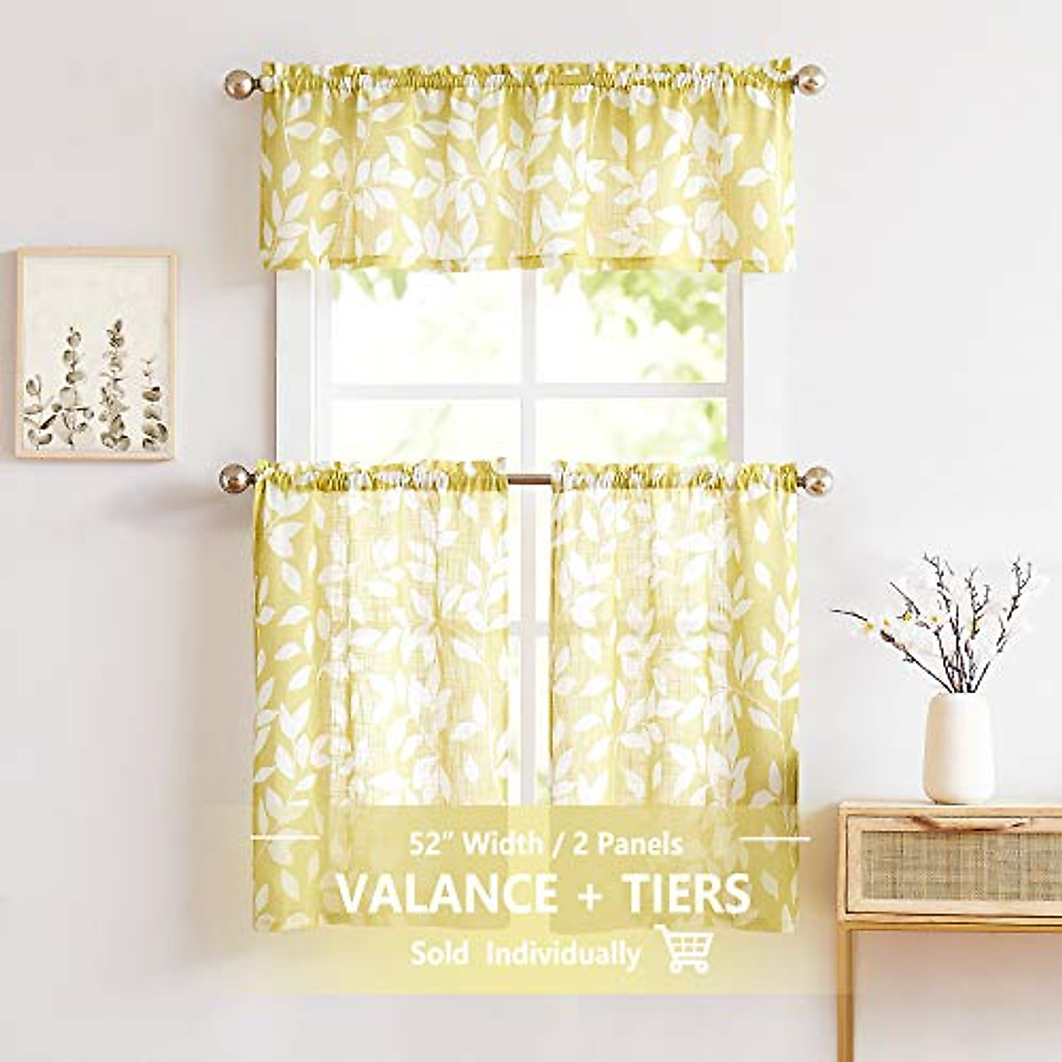 Treatmentex Valance Curtain for Window 15" Leaf Print Kitchen Valances, Mustard Yellow and White, 52" w 1 Panel