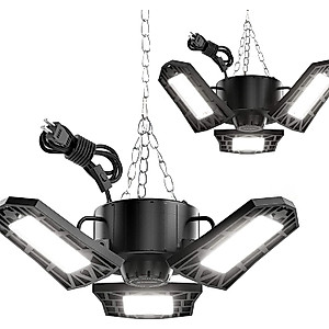 ANYPOWK Plug in Linkable LED Garage Light with ON/Off Switch - 6000 Lumen 6500K Daylight 60W, Three Leaf Led Garage Ceiling Lights, Pack of 2