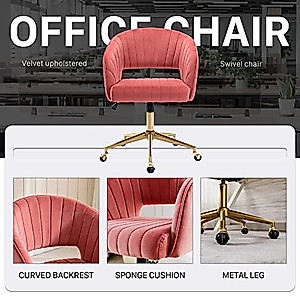 Home Office Chair Swivel Velvet Desk Chair Accent Armchair Upholstered Modern Tufted Chairs with Gold Base for Girls Women Ergonomic Study Seat Computer Task Stools for Living Room(Rose)