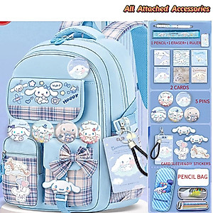 Kawaii Backpack with 18Pcs Accessories Anime Cartoon Anti-Theft Travel Aesthetic New Semester Gifts Bag with Cute Pins (Blue)