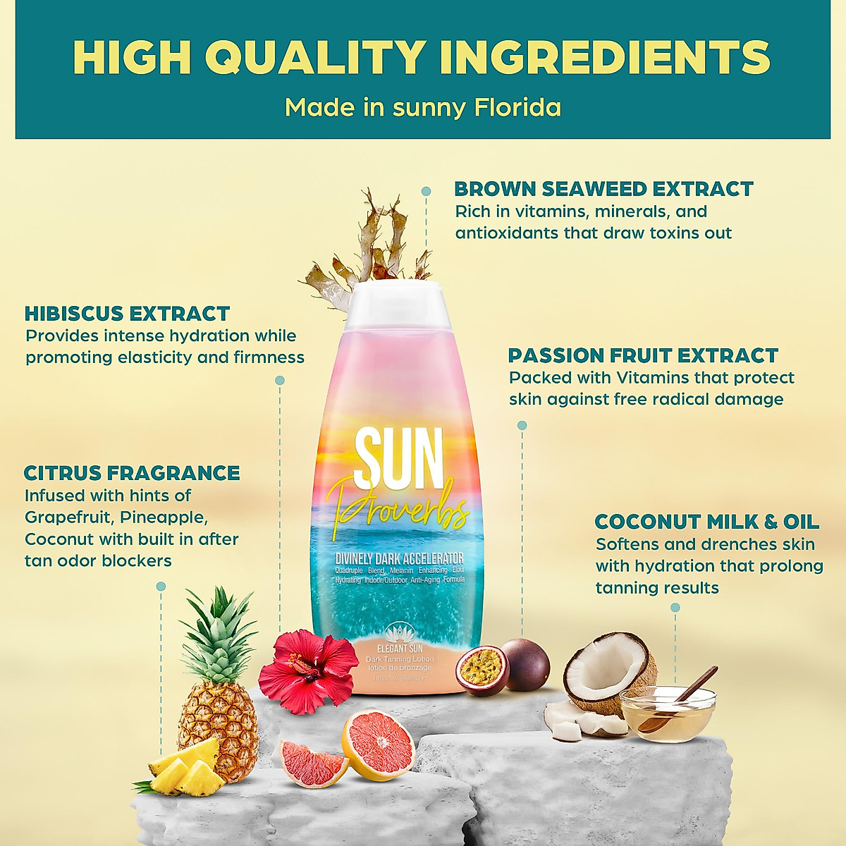 Sun Proverbs, Tanning Bed Lotion, Dark Tan Accelerator, Outdoor Indoor Tanning Lotion without Bronzer, No DHA White Tanning Lotion, Natural Bronzing Coconut Sun Kissed Lotion, by Elegant Sun