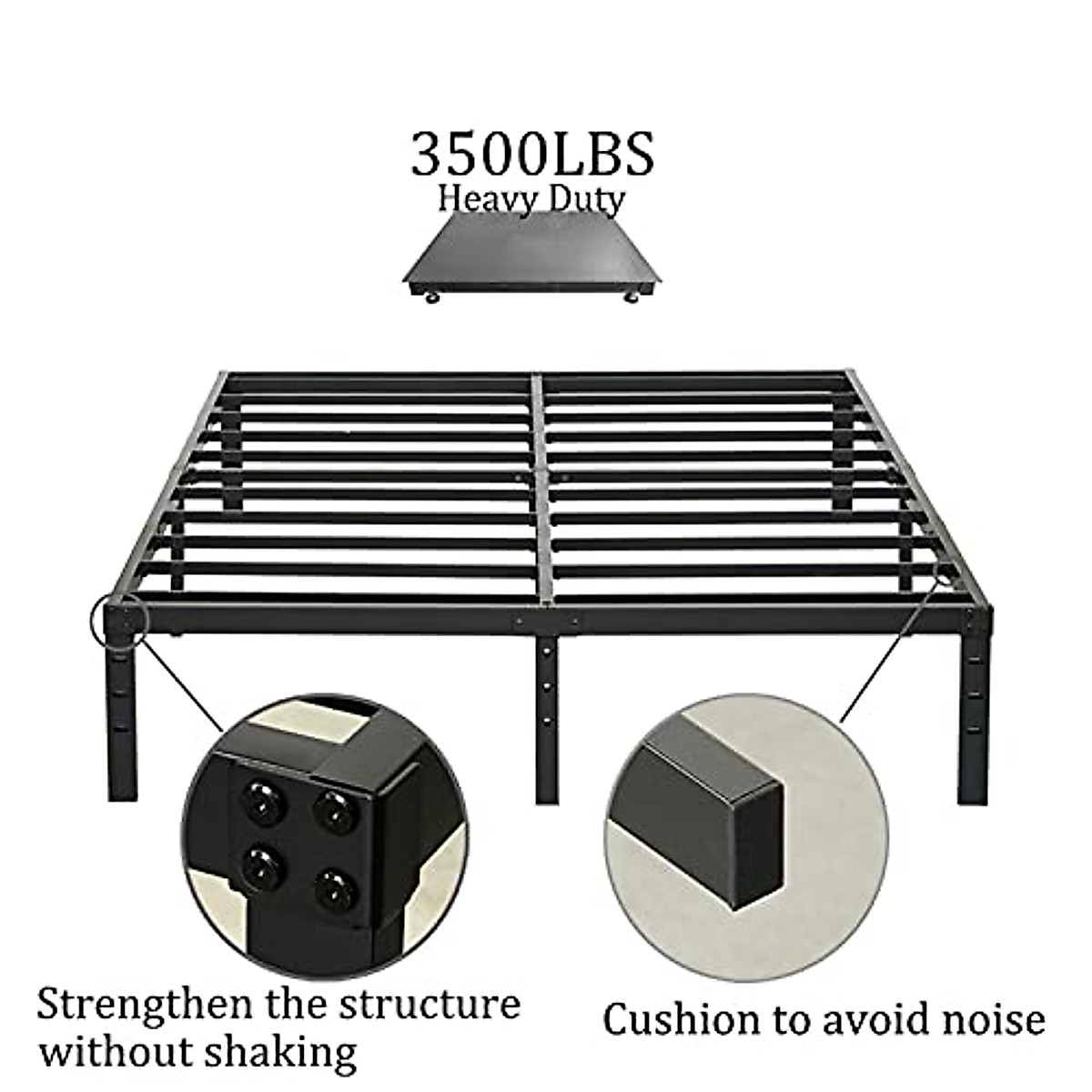 Wulanos Queen Size Bed Frame, 3500lbs Heavy Duty Metal Platform with Steel Slats Support, Sturdy and Durable Noise-Free, 14 Inches High Bedframes with Ample Storage, No Box Spring Needed, Black