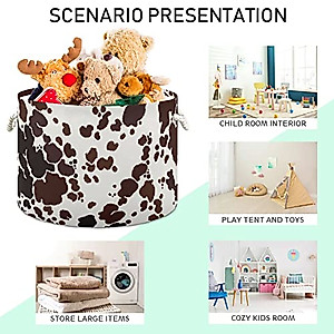 MIFSOIAVV Cowhide Brown Large Round Storage Basket Milk Cow Print Laundry Basket Cowhide Skin Pattern Toy Storage Hamper Organizer Bin Storage Box Durable Handles for Bathroom