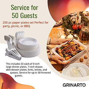 Grinarto Compostable Paper Plates Set 250PCS - Disposable Biodegradable 250 Heavy Duty Large 9 Inch Plate, Sturdy 7 Inch Dessert Plates, 7 Inch Cutlery - Eco-Friendly Bulk Dinner & Party Supplies