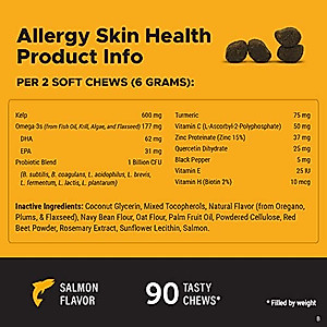 PetHonesty Allergy Skin Health - Fish Oil for Dogs Omegas, DHAGold, Flaxseed, Probiotics for Itch-Free Skin, Shiny Coats, Helps Reduce Shedding, Soft Chews for Healthy Skin & Coat - 90 ct (Salmon)
