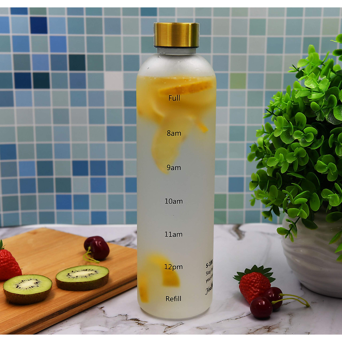 Healthywish Water Bottle Tracker, 1 Liter | 32 Oz, Gold Lid, Motivational, Leak Proof, BPA Free, Cycling