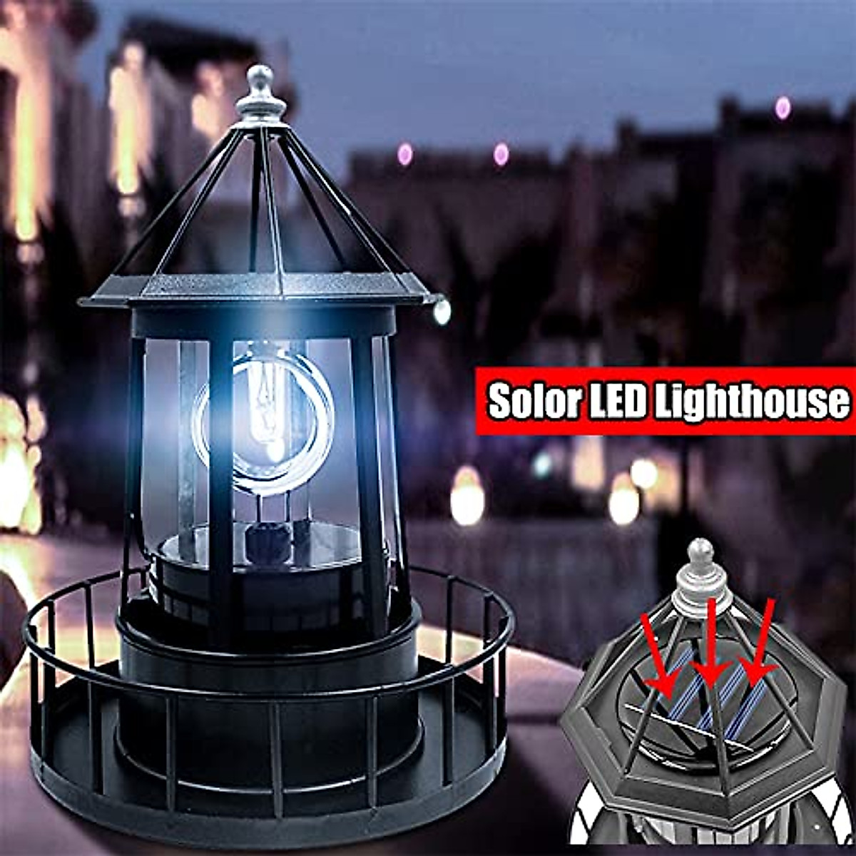 LED Solar Powered Lighthouse, 360 Degree Rotating Lamp, Waterproof Garden Smoke Towers Statue Lights, for Home Garden Yard Lawn Outdoor Decor, Black
