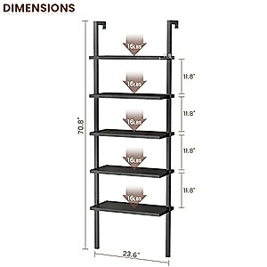 AWQM Black Bookshelf, 5 Tier Modern Bookcase,Wood Wall Mounted Bookshelf,Industrial Ladder Shelf with Stable Metal Frame,Open Display Rack Storage Shelves for Living Room/Home/Office