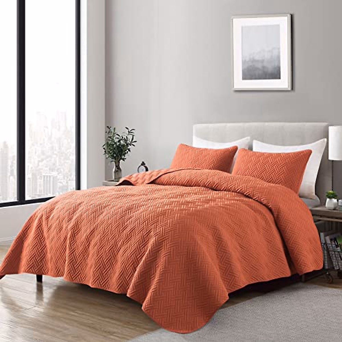 Burnt Orange Quilts Queen Size Bedding Sets with Pillow Shams, Red Lightweight Soft Bedspread Coverlet, Quilted Blanket Thin Comforter Bed Cover, All Season Summer Spring, 3 Pieces, 90x90 inches