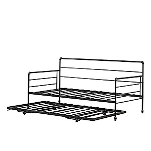 FULLJOJOR Daybed with Pop Up Trundle, Metal Daybed with Trundle & Pull-Out Trundle Set with Lockable Casters, Twin Platform Bed Sofa Bed for Living Room, Guest Room, No Box Spring Needed