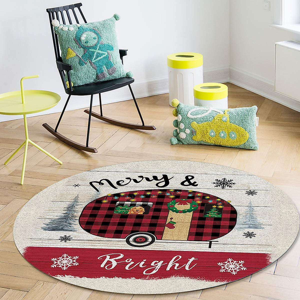 Round Area Rugs Collection 6', Merry Bright Christmas Red Camper Indoor Circular Throw Runner Rug Floor Mat Carpet for Living Room Dining Table Bedroom Nursery Decor Winter Snow Retro Farm Wood Board