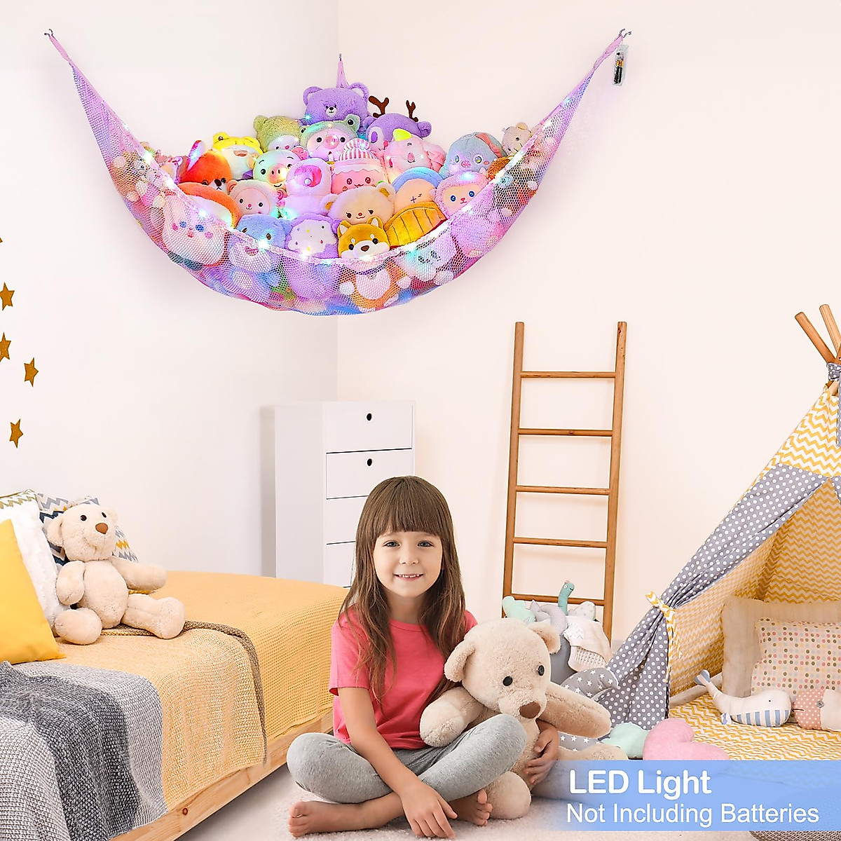 Basumee Stuffed Animals Net or Hammock with LED Light Hanging Toy Net Hammock for Stuffed Animals Storage Stuff Animals Hammocks for Nursery Kids Room with Remote Control, 8 Kinds of Lights(Pack of 1)