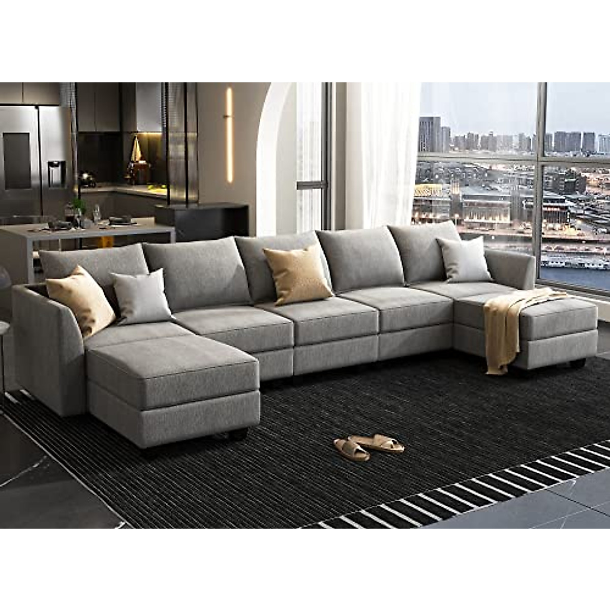 HONBAY Modern Fabric Corner Sectional Sofa Modular Sectional Couch with Ottoman U Shape Sofa 7 Seater Couch with Storage for Living Room, Grey