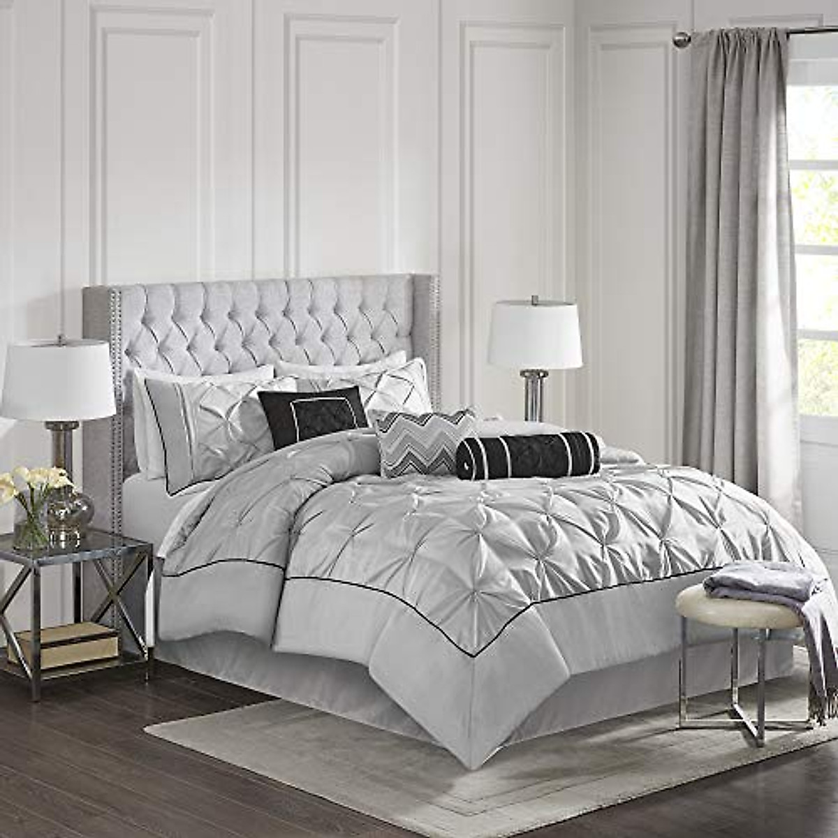Madison Park Laurel Cozy Comforter Set - Traditional Tufted Faux Silk Design, All Season Down Alternative Bedding with Matching Shams, Decorative Pillow, Grey Queen(90"x90") 7 Piece
