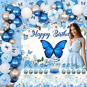 Balterever Blue Butterfly Birthday Party Decorations for Girl Butterfly Happy Birthday Backdrop Balloon Arch Kit Tablecloth Wall Stickers Cake Cupcake Toppers for Girl Butterfly Theme Birthday Party