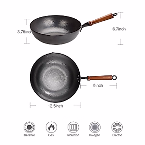 BIELMEIER Wok Pan 12.5", Woks and Stir Fry Pans with lid, Carbon Steel Wok with Cookware Accessories, Wok with Lid Suits for all Stoves(Flat Bottom Wok)