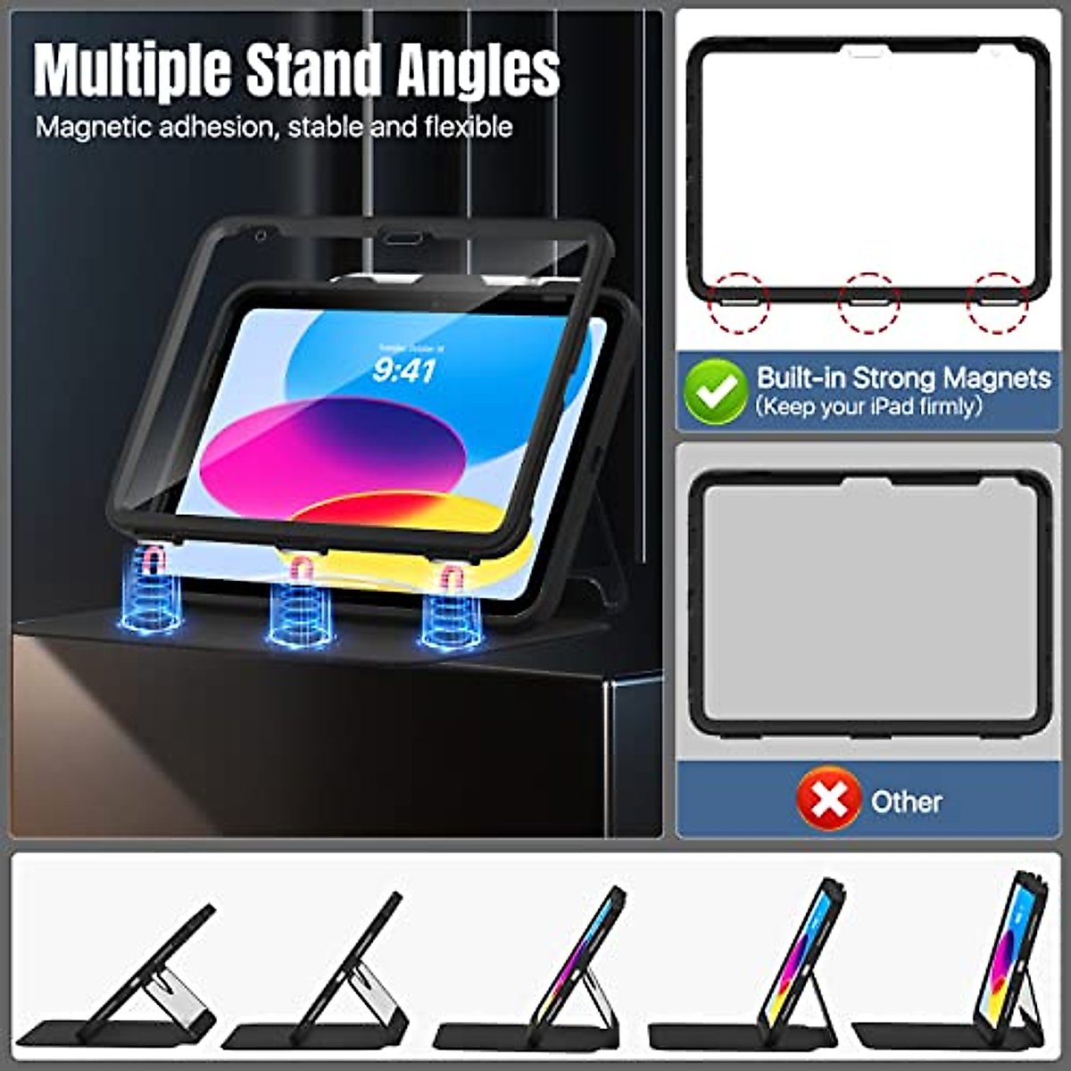 MoKo for iPad 10th Generation Case with Pencil Holder, iPad Case 10th Generation 2022 10.9", Built-in Screen Protector Clear Back, Stain Resistant Multi Angle Viewing Stand, Auto Wake/Sleep, Black