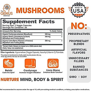 Genius Mushroom - Lions Mane, Cordyceps and Reishi - Immune System Booster & Nootropic Brain Supplement - for Natural Energy, Memory & Liver Support, 90 Veggie Pills