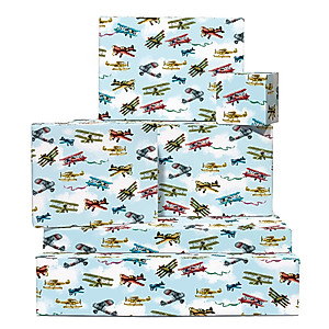 CENTRAL 23 Kids Wrapping Paper - 6 Sheets of Gift Wrap and Tags - Vintage Airplane - Boys Birthday Wrapping Paper - Birthday Gift Wrap for Men Him Adult - with Stickers - Recyclable