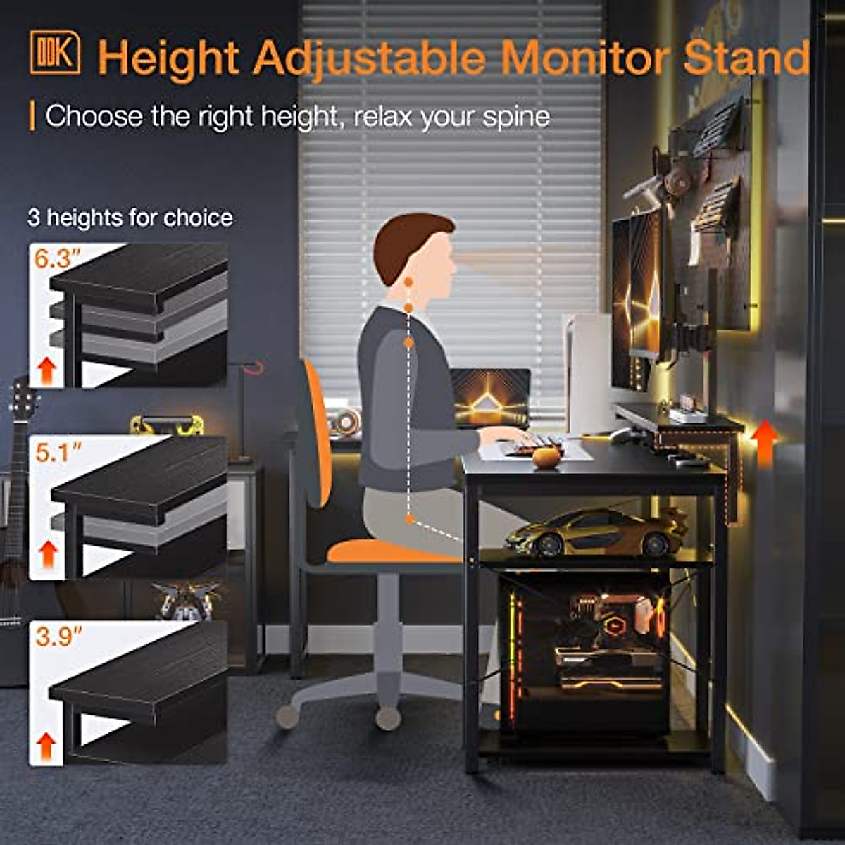 ODK L Shaped Gaming Desk, 61" Corner Computer Desk with Monitor Stand & Storage Shelf, Sturdy Home Office Desk, Black