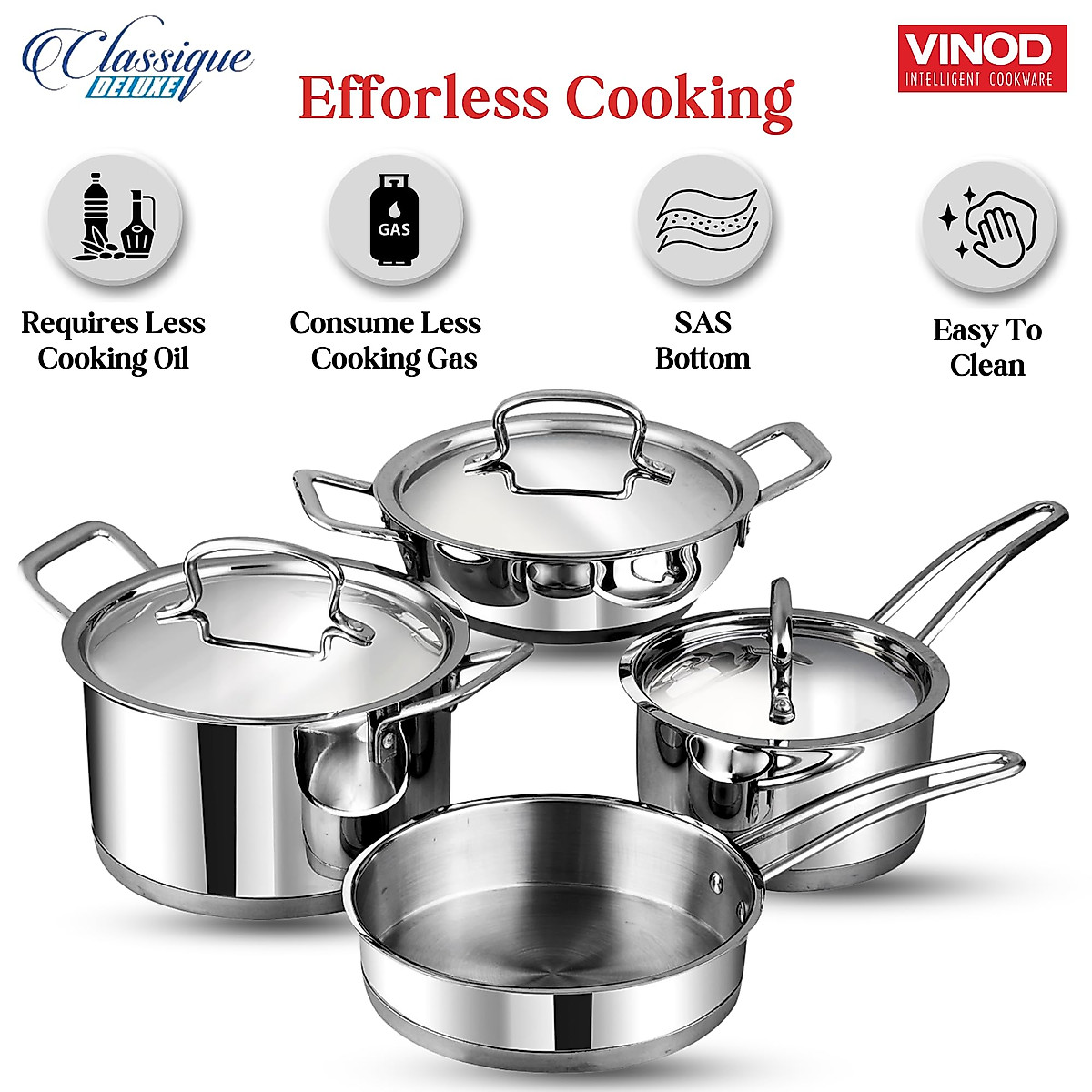 Vinod Classic Deluxe Stainless Steel Cookware Combo Set of 4 Pcs/Saucepan, Saucepot, Kadai and Frypan/Deep Kadhai for Cooking/Heavy Induction Bottom