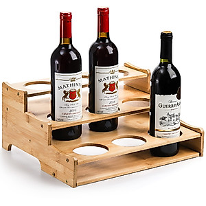 Bekith 3 Tier Bamboo Bottle Holder Stand, Tabletop Wine Display Riser 9 Bottles, Countertop Bottle Rack for Kitchen, Pantry, Bar, Cellar, Cabinet, Ideal Storage for Wine, Soda, Pop, Syrups and Beer