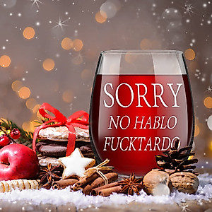 Sorry No Hablo Fuxktardo Wine Glass 15Oz, Funny Stemless Wine Glass Gifts for Women Men, Novelty Birthday Christmas Graduation Gag Gift for Friends BFF Sister Coworkers