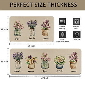 Eikunn Floral Kitchen Rugs and Mats Set of 2, Lavender Tulip Flower Kitchen Rug for Floor, Non-Slip Washable Comfort Standing Kitchen Sink Runner Rug Holiday Kitchen Accessories