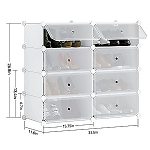 UNZIPE Shoe Rack Cabinet, 8-Tier Shoe Storage Organizer with Doors for Entryway, 16 Pair Plastic Shoe Shelves with Covered DIY Freestanding Shoe Tower for Closet Bedroom Hallway Mudroom Garage, White