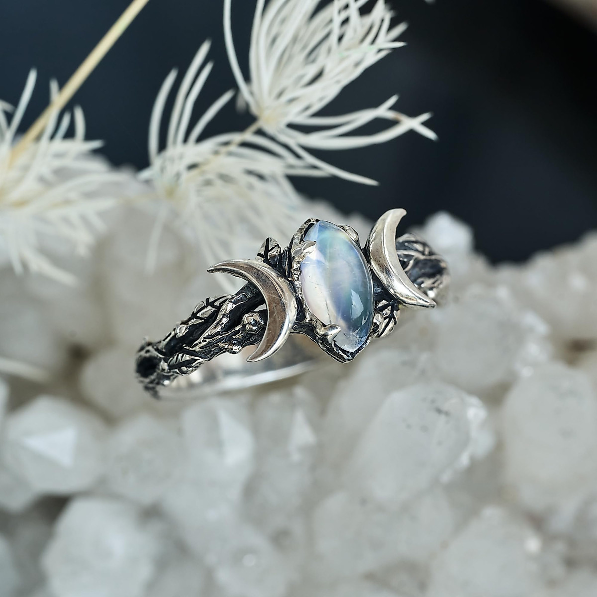 BlackTree 925 Sterling Silver Moonstone Ring Soma – Marquise Shape Rainbow Moonstone Handmade Rings, Celestial Jewelry Engagement Rings for Women (10 US)