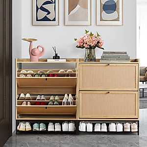 LEVNARY Shoe Storage Cabinet with 2 Flip Drawers, Wooden Narrow Shoe Cabinet Storage for Entryway, Freestanding Shoe Rack Organizer Cabinet with Metal Legs for Hallway (1, Natural Oak)