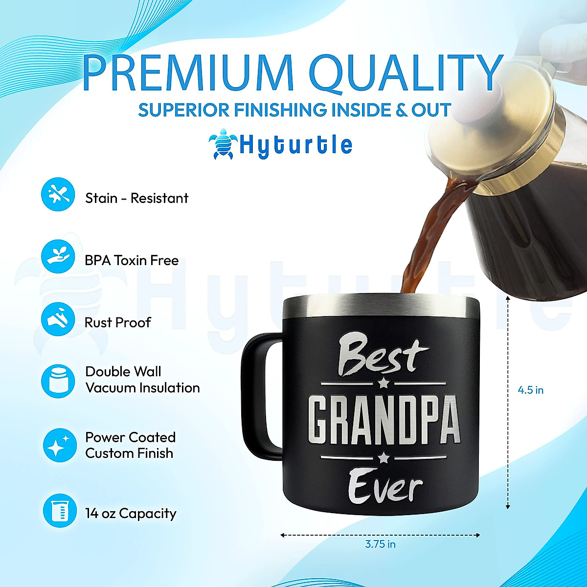 HYTURTLE Best Grandpa Ever Coffee Black Mug/Tumbler 14oz Stainless Steel Gift For Dad Grandpa Men On Fathers Day, Birthday, Christmas