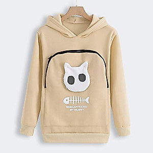Women's Zipper Hoodies Aesthetic Whdcaptiyated My Heart Solid Sweatshirts Pet Carrier Hoodie Kitten Print Cat Pouch Beige