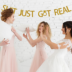 Firefairy™ Shit Just Got Real Gold Glitter Bunting Banner for Funny Wedding, Engagement, Bachelorette,Pregnancy Announcement,Bar Sign