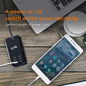 Multiport USB Charger, 6 Port USB Charging Station for Multiple Devices, Phone, Tablet, Power Strip with ON/Off Switch (Black)