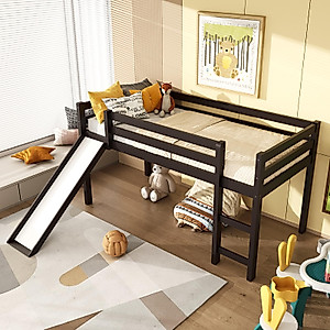 IFANNY Loft Bed with Slide, Solid Wood Low Loft Bed Twin Size with Storage and Ladder, Wooden Bedframe with Safety Guardrails, Twin Loft Bed for Kids Boys Girls Teens, No Box Spring Needed (Espresso)