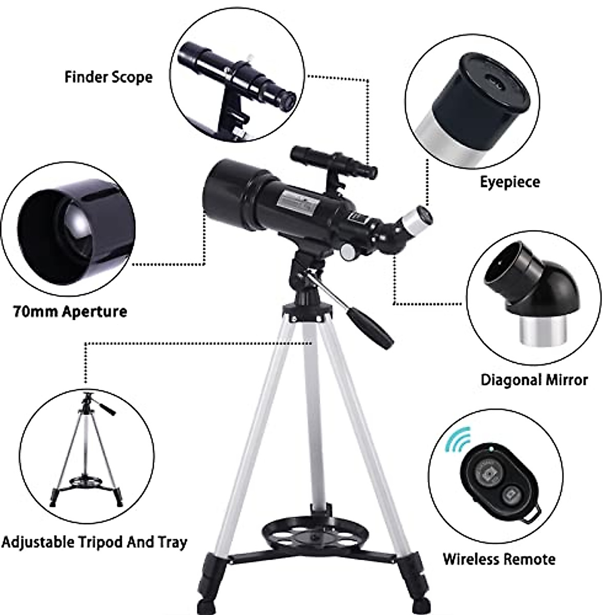 NETSKINSON Telescope, 70mm Aperture 400mm AZ Mount Astronomical Refracting Telescope for Kids Beginners, Portable Travel Telescope with Carry Bag, Phone Adapter & Wireless Remote