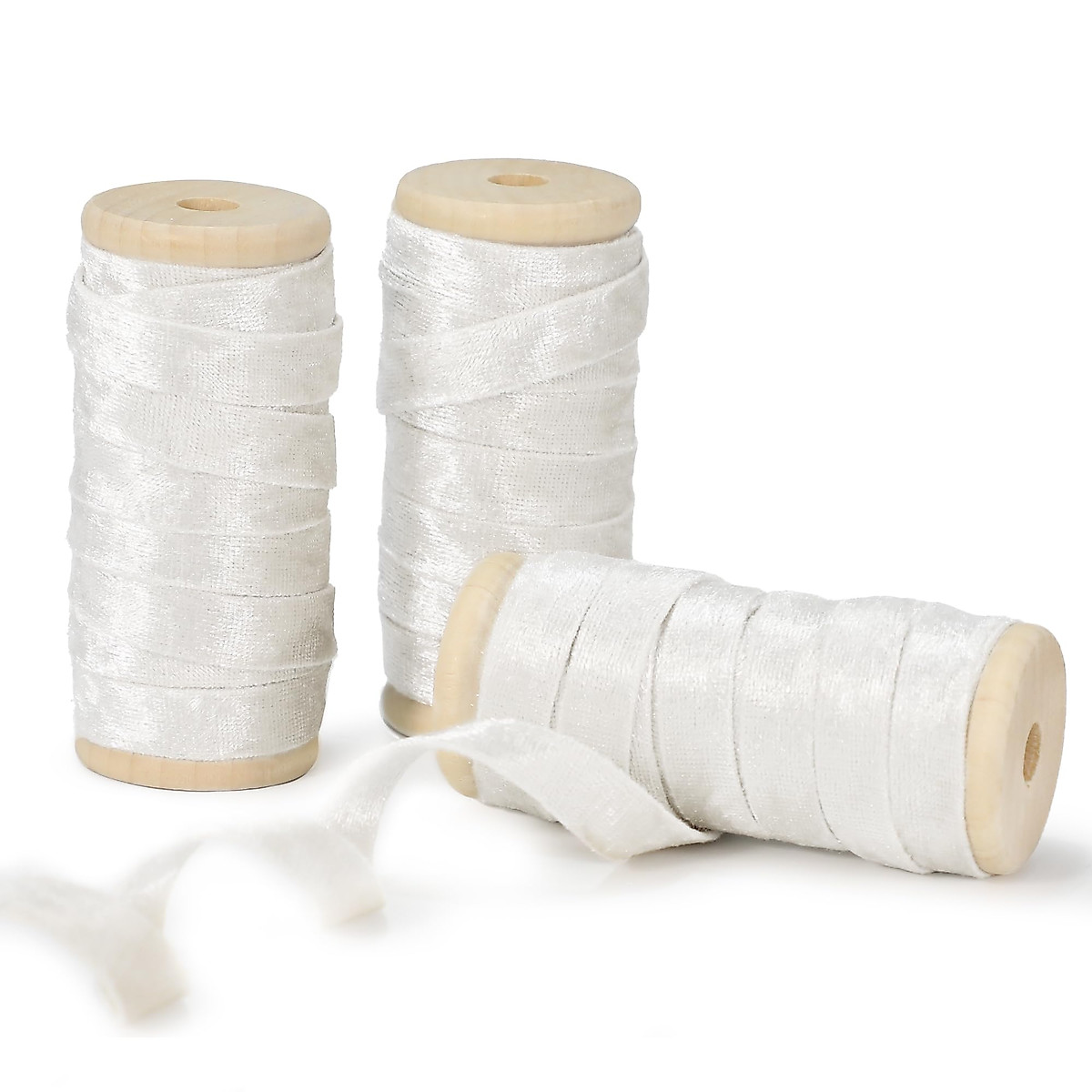 Keypan Ivory White Velvet Ribbon Double-Sided Handmade Glossy Fabric Trim Wooden Spool Thin Ribbons for Christmas Tree Gift Wrapping Crafts Wedding Flower Bouquet 3/8 inch x 5YD 3 Rolls