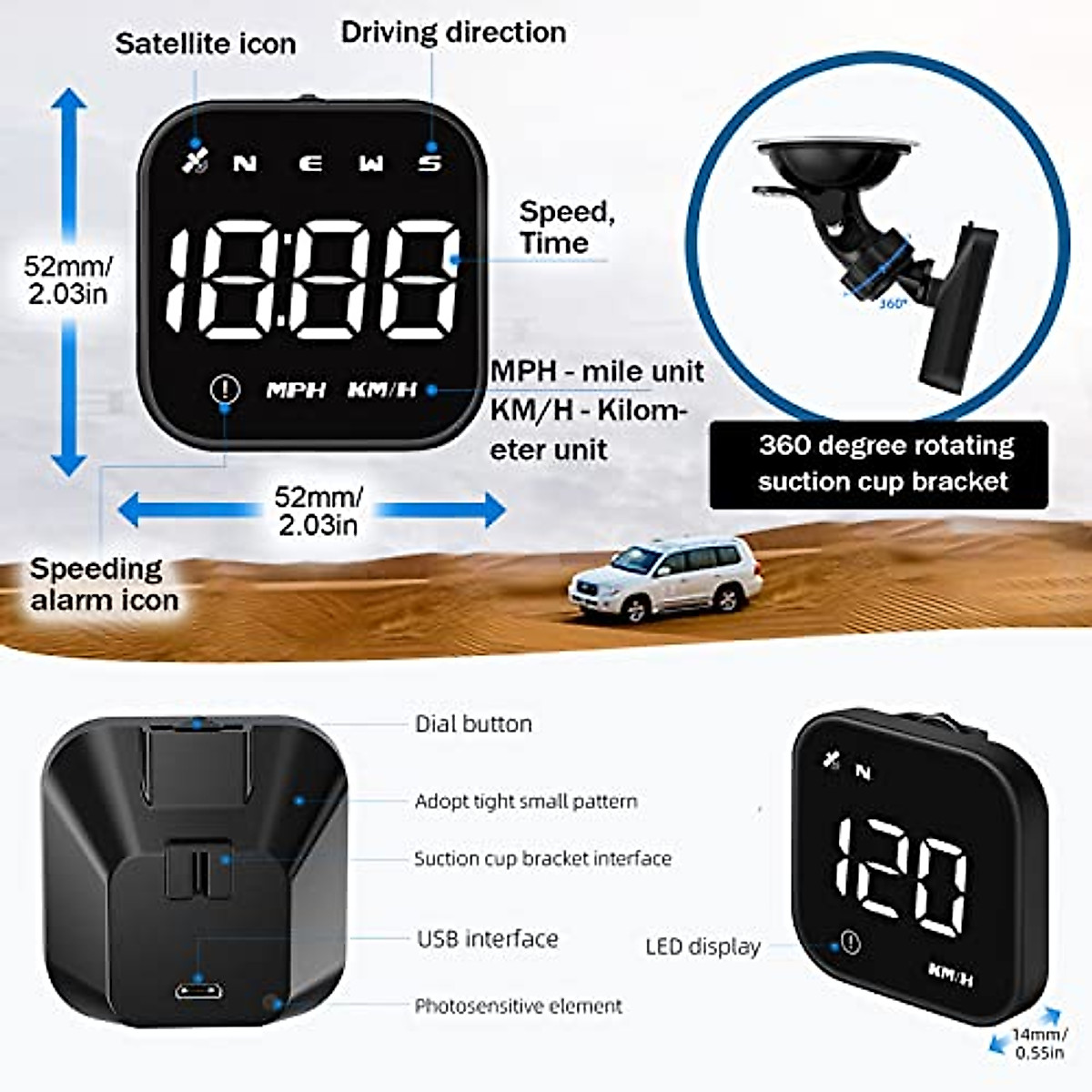 Fastsun G4S Digital GPS Speedometer, Car HUD Heads Up Display with Digital Speed in MPH KPH, Overspeed Alarm, Driver Fatigue Reminder, Multifunction Speedometer Universal for All Vehicle, Fuel Cars