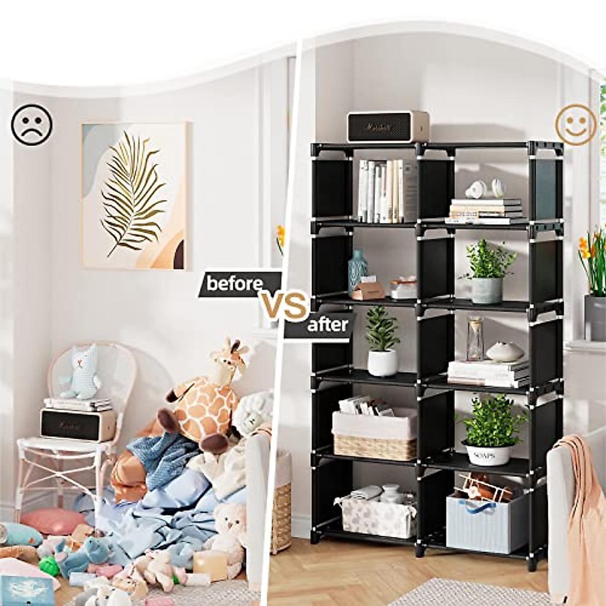 REIBII Bookshelf for Bedroom Book Shelf Organizer Bookcase Tall Book Case 12 Cube Storage Organizer Cube Shelf Black Cubby Storage Organizer Shelves for Bedroom Living Room Closet Office DIY