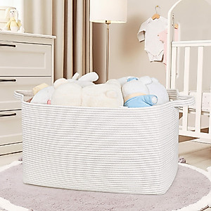 ZLG 90L Large Cotton Rope Rectangular Basket- White Woven Storage Basket - Ideal for Baby Quilt, Toy, and Clutter Sorting Basket, 24.4 "x 15" x 15 "