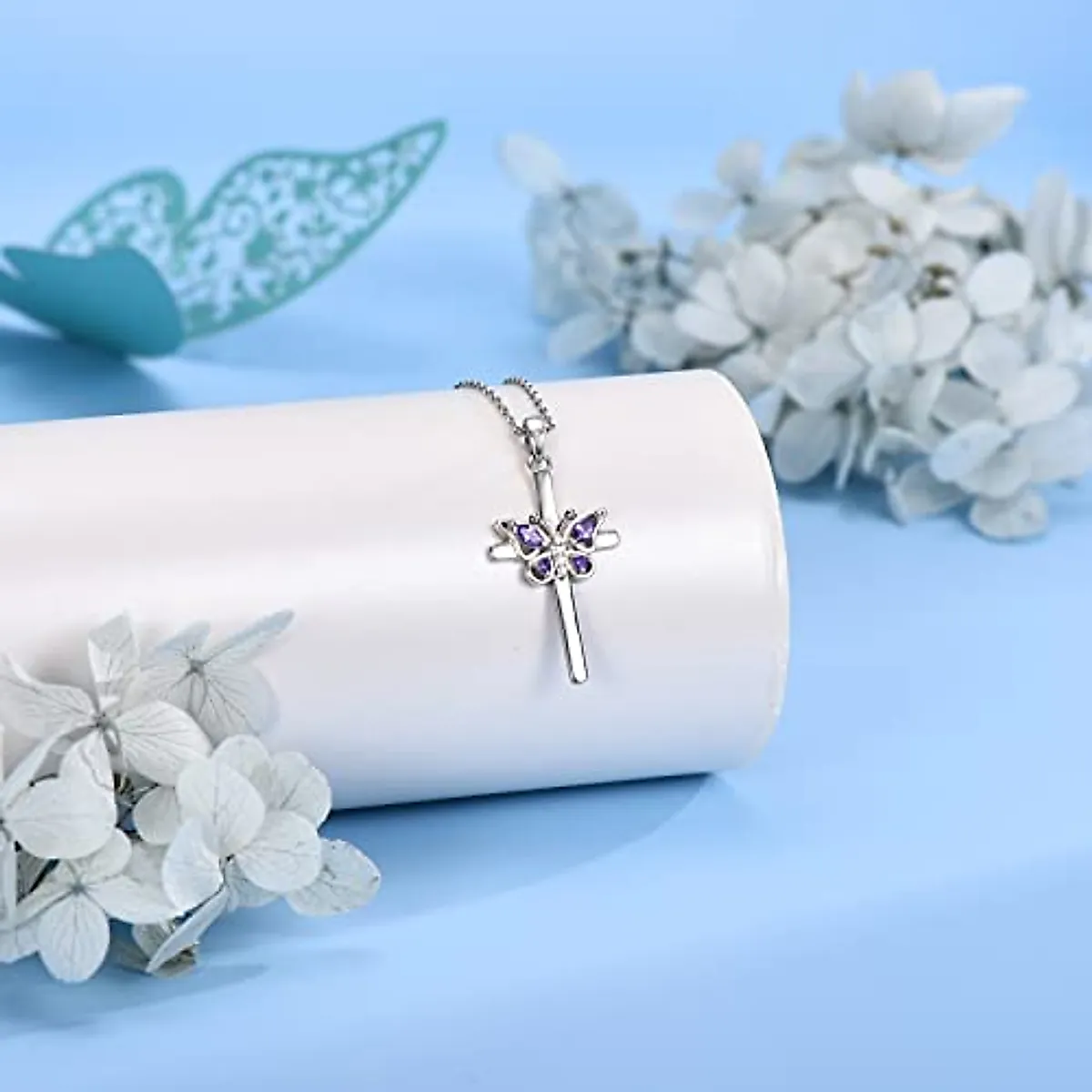 Distance Cross Necklace for Women 925 Sterling Silver Jewelry Pendant Necklace for Mom Wife Gift for Mother's Day or Birthday (Butterfly Purple Cross Necklace)