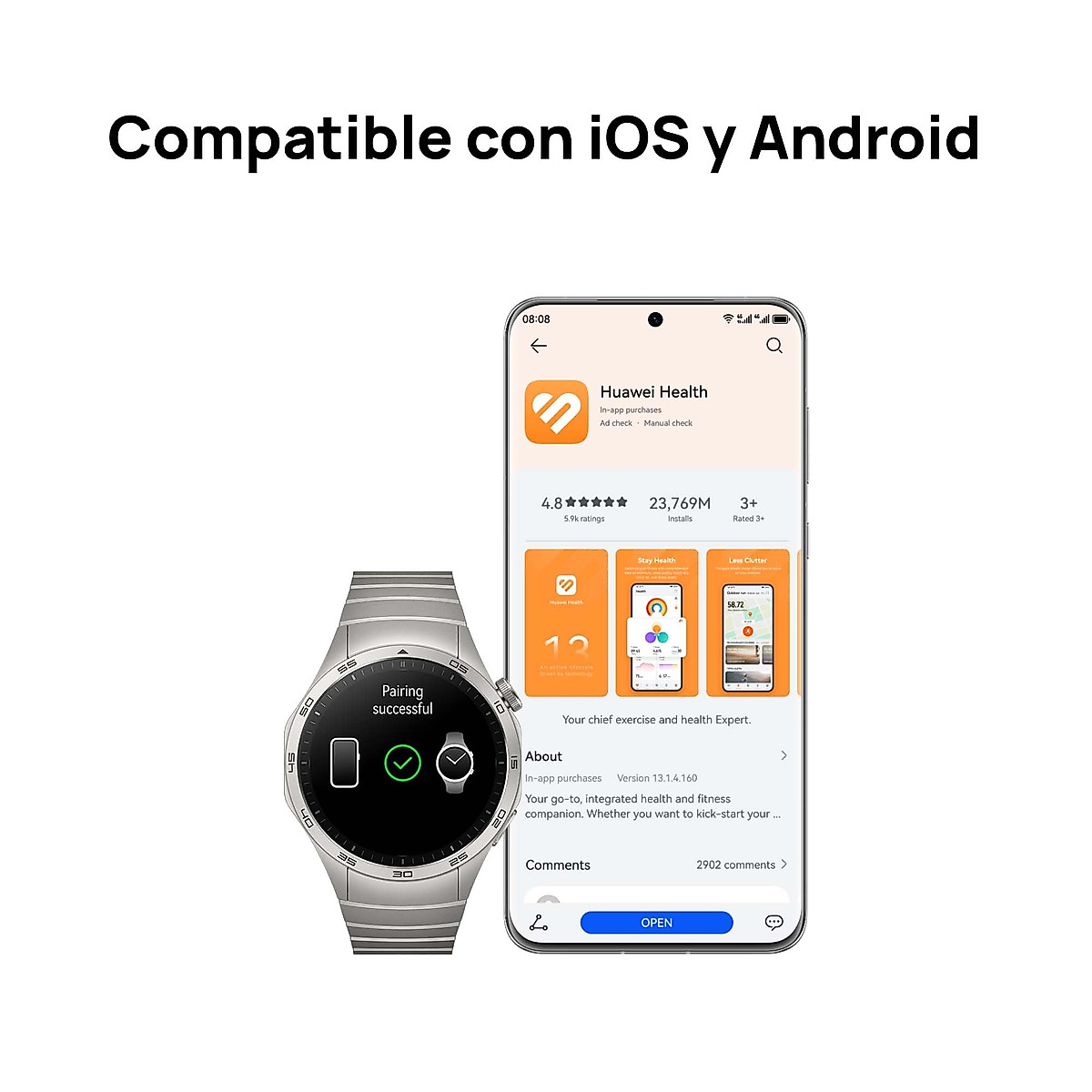 HUAWEI Watch GT 4 B19M 46mm Bluetooth Smartwatch 1.43" AMOLED Screen Stainless Steel Strap - Grey