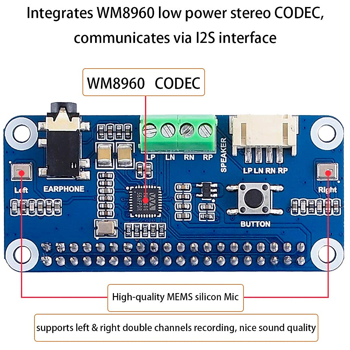 WM8960 Audio HAT Module for Raspberry Pi 4B/3B+/3B/2B/B+/A+/Zero/Zero W/Pi Zero WH,WM8960 Hi-Fi Sound Card HAT Stereo CODEC, Play/Record