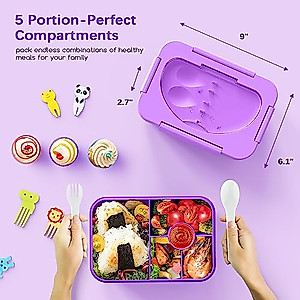 Lunch Box Kids, Bento Box, 1350ML Bento Lunch Box for Kids, Lunch Containers with 5 Compartments Utensils Food Picks Cake Cups, Leak-proof Bento Box Adult Lunch Box for Boys Girls Toddler, Purple