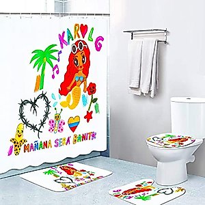 XQBHH 4 Pcs Anime Cartoon Shower Curtain Sets with Non-Slip Rug,Toilet Lid Cover and Absorbent Carpet Bath Mat,Durable Waterproof Shower Curtain with 12 Hooks for Bathroom Set (B)