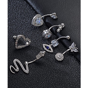 Akeoqi 14G Belly Button Rings for Women Dangle Cute Snake Round/Love Heart Devil Heart Clear Cubic Zirconia Navel Rings Body Piercing Jewelry Pack